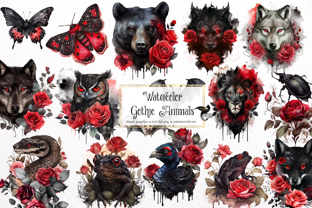 Watercolor Gothic Animals Clipart - Dark Fantasy Watercolor Woodland ...