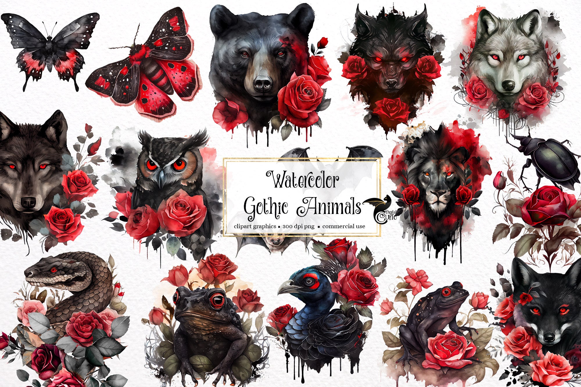Watercolor Gothic Animals Clipart – Dark Fantasy PNG (commercial Use ...