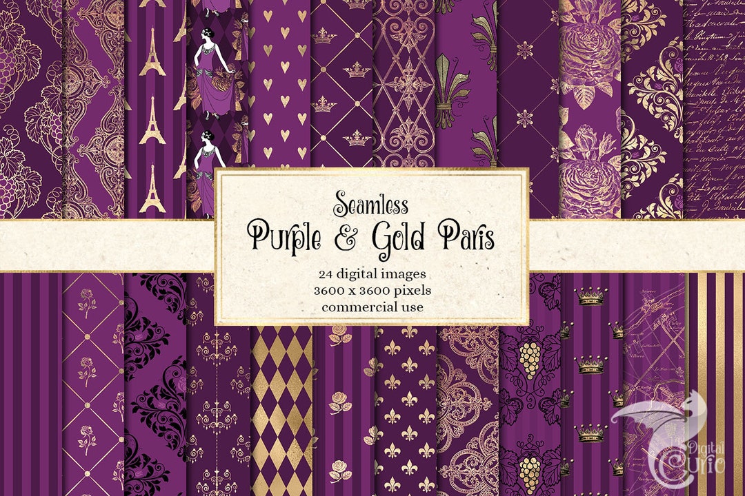 Purple and Gold Paris Digital Paper, Eiffel Tower, Fleur De Lis ...