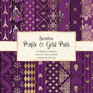 Purple and Gold Paris Digital Paper, Eiffel Tower, Fleur De Lis ...