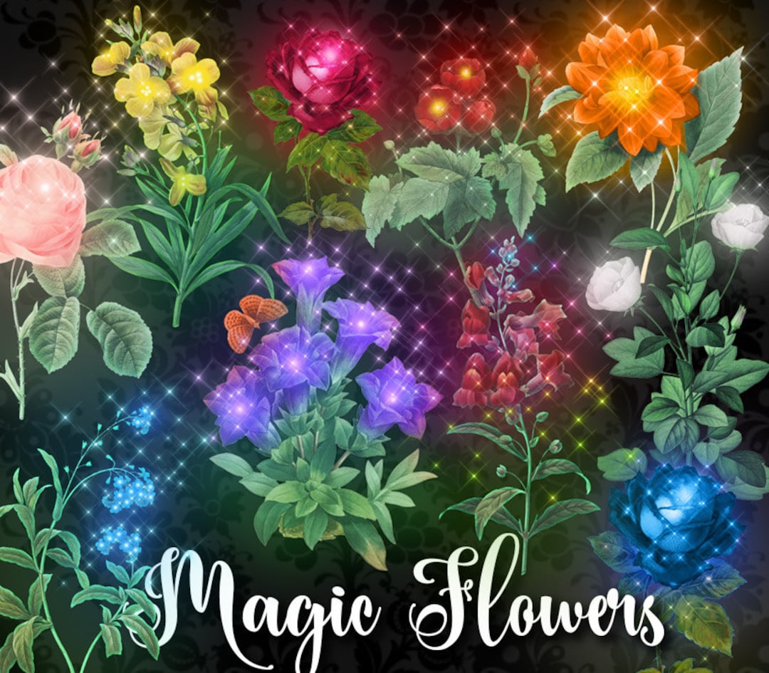 Magic Flower Clipart, Glowing Sparkle Fantasy Clip Art, Digital Instant ...