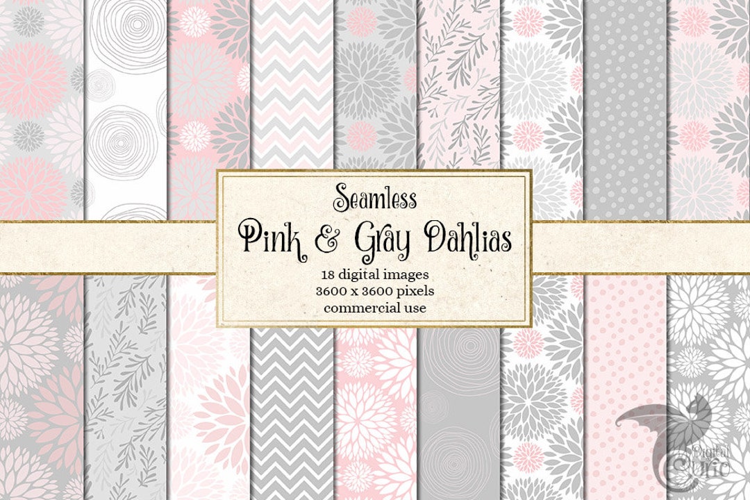 Pink and Gray Dahlia Digital Paper, Pink Dahlias Seamless Patterns ...