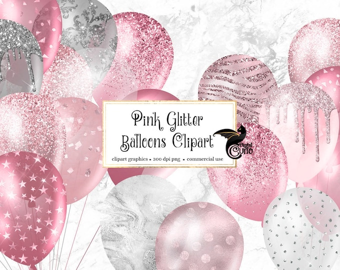 Pink and Black Balloons Clipart, Glitter Balloon PNG Digital Overlays ...