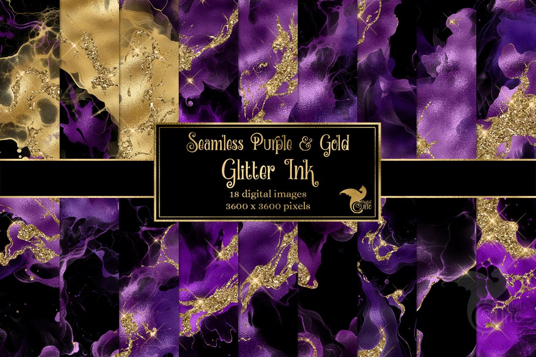 Purple and Gold Glitter Ink Digital Paper, Liquid Foil and Gold Glitter ...
