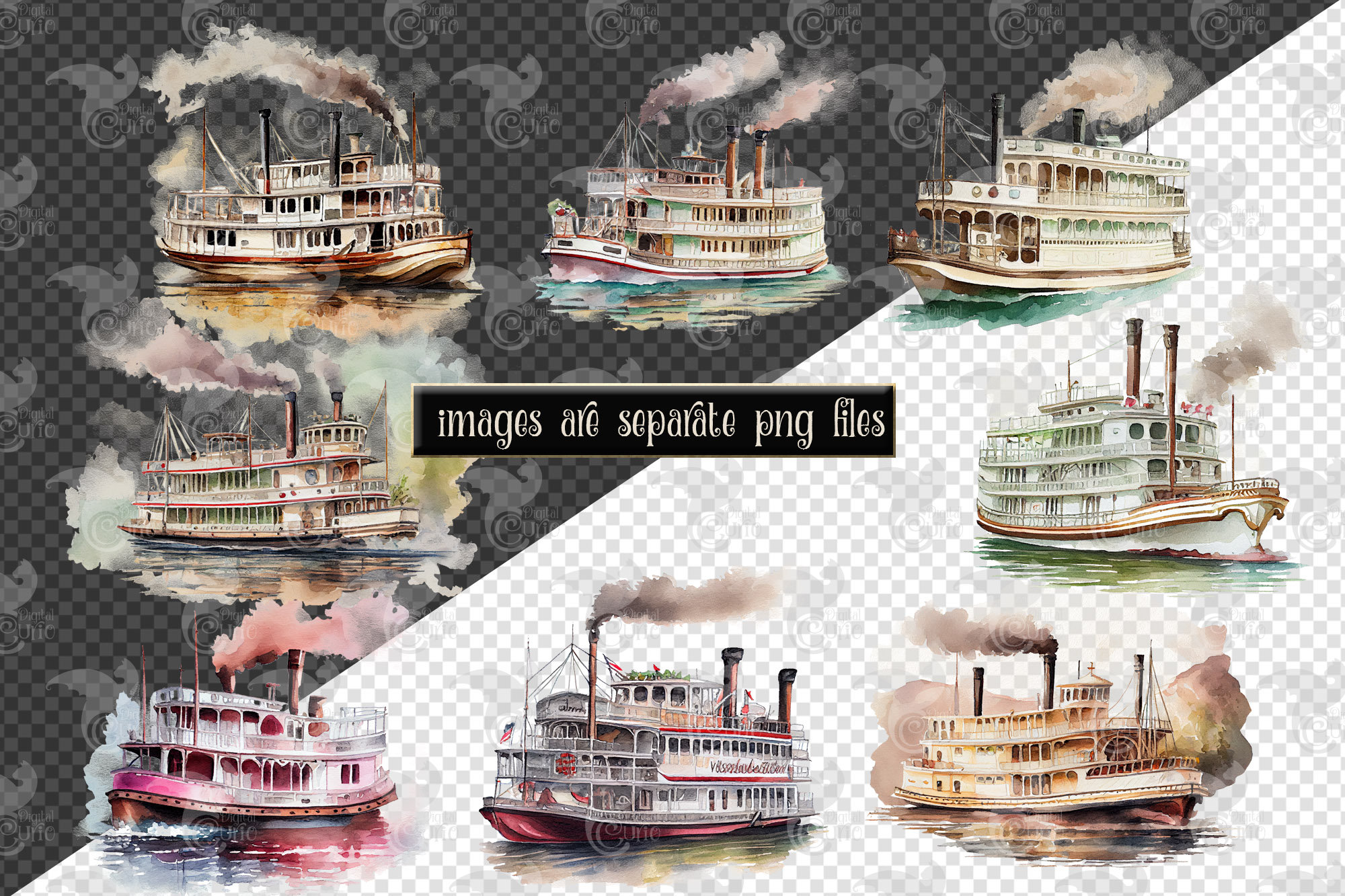 Watercolor Riverboat Clipart – Vintage Steamboat Graphics (PNG) - Etsy