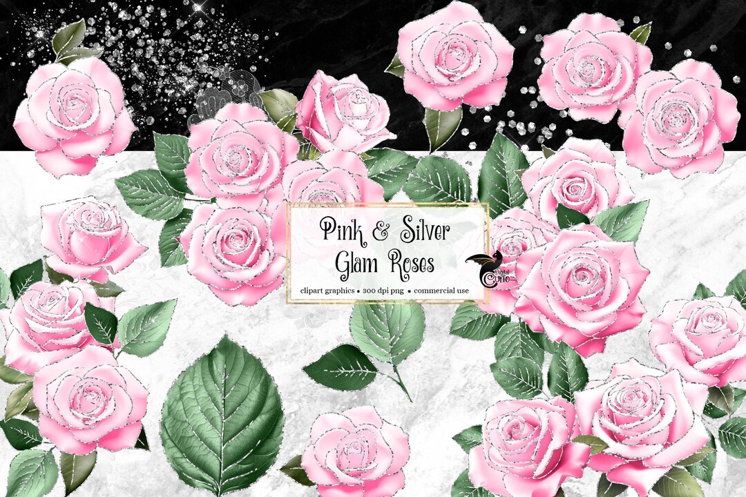 Pink and Silver Glam Rose Clip Art, Digital Instant Download Glitter ...