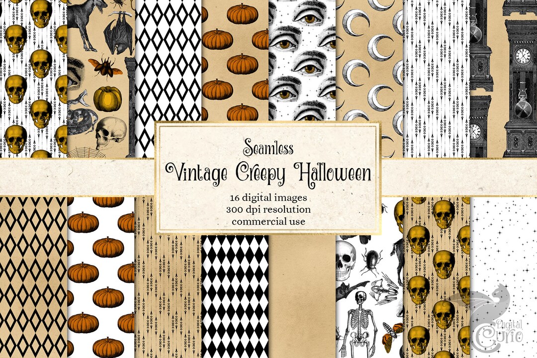 Vintage Creepy Halloween Digital Paper Textures, Antique Skull and Old ...
