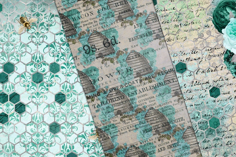 Turquoise Bee Digital Paper Vintage Honey Bee Ephemera Teal - Etsy
