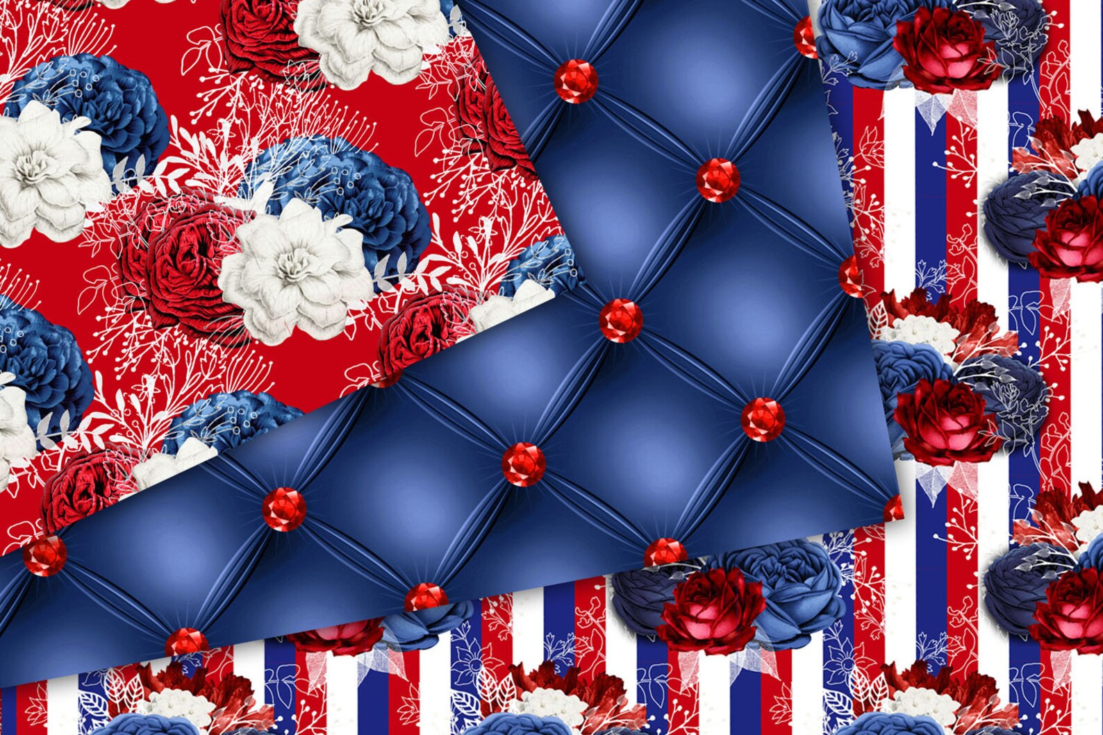 Red White and Blue Floral Digital Paper Seamless Patriotic - Etsy