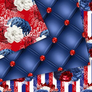 Red White and Blue Floral Digital Paper, Seamless Patriotic Flower ...