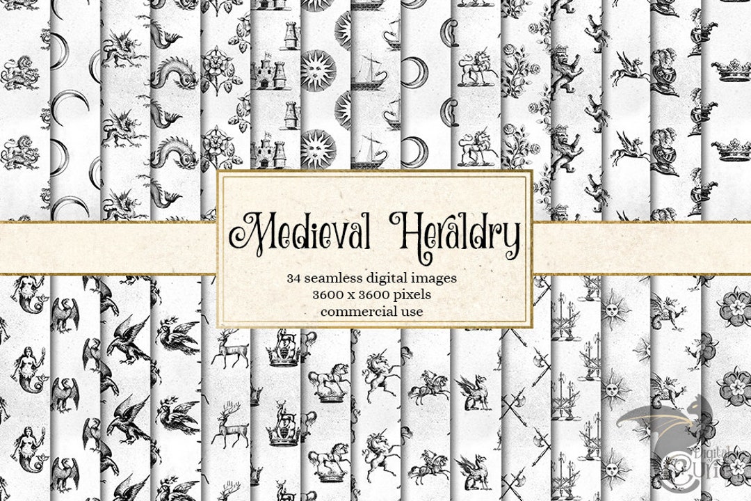Medieval Heraldry Digital Paper - Crowns, Dragons, Vintage Damask ...