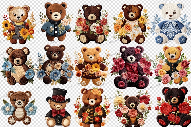 Embroidered Teddy Bear Clipart - Cute Embroidery PNG Format Instant ...