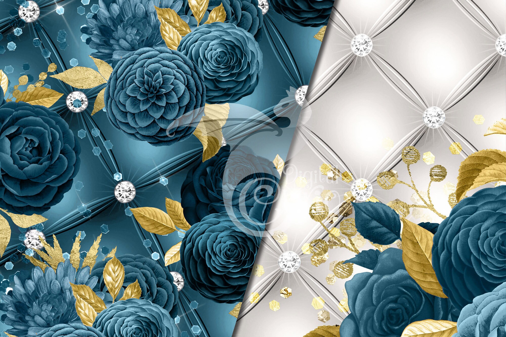 Teal and Gold Floral Digital Paper – Luxury Diamond Tufted Backgrounds ...