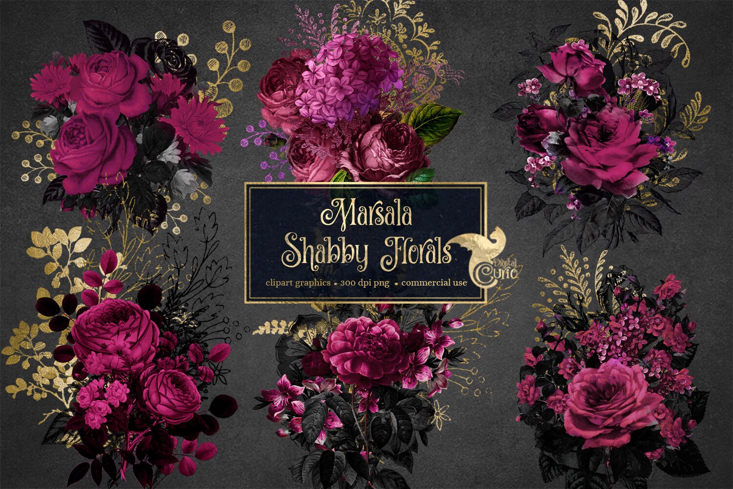 Marsala Shabby Floral Clip Art Burgundy and Gold Digital - Etsy