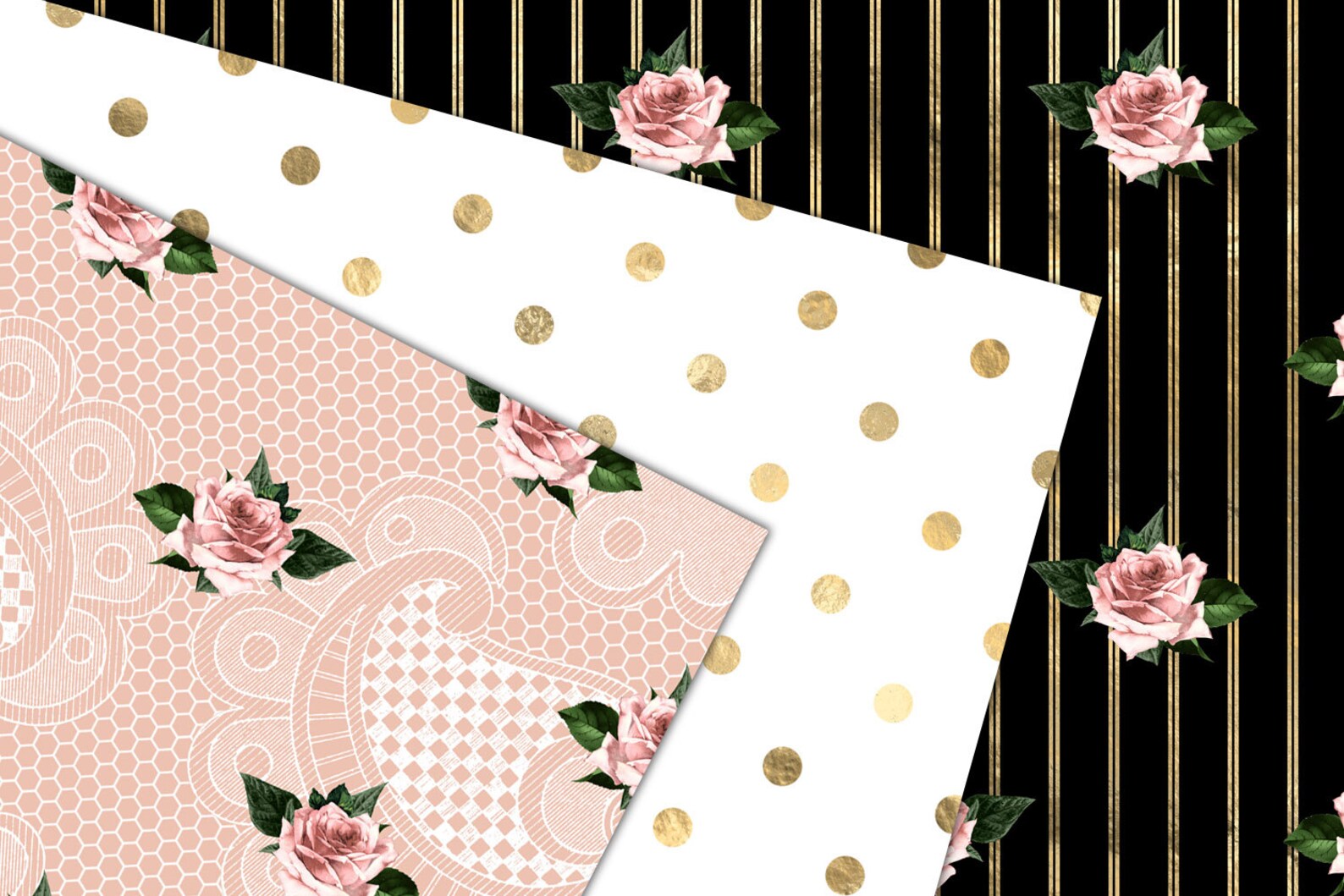 Shabby Blush and Black Digital Paper With Gold Polka Dot | Etsy