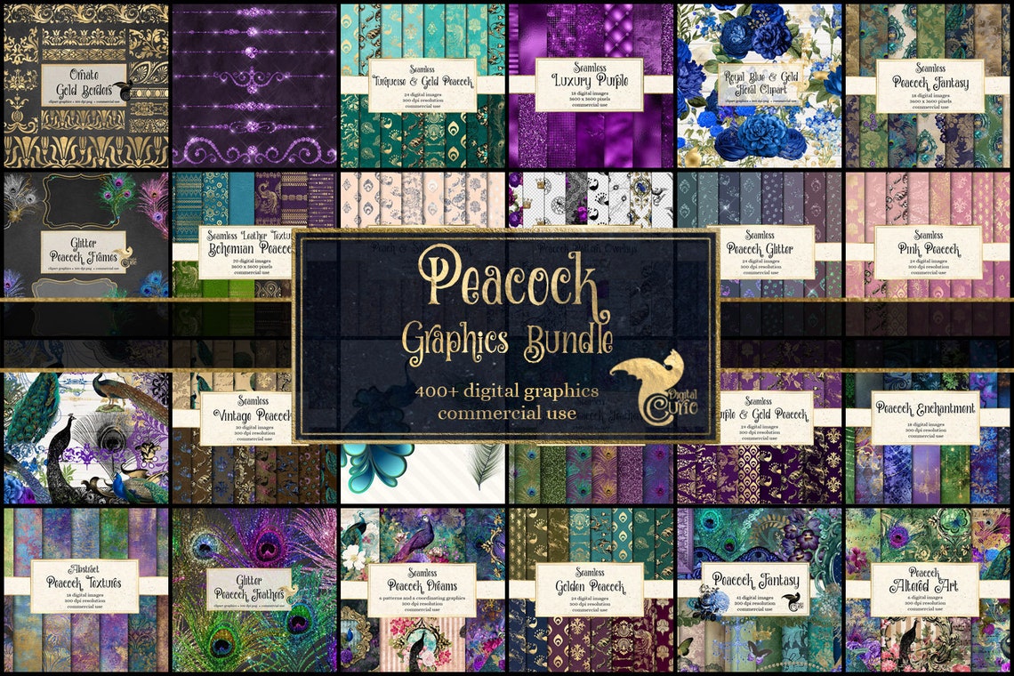 Peacock Graphics Bundle Discount Clipart and Digital Paper - Etsy