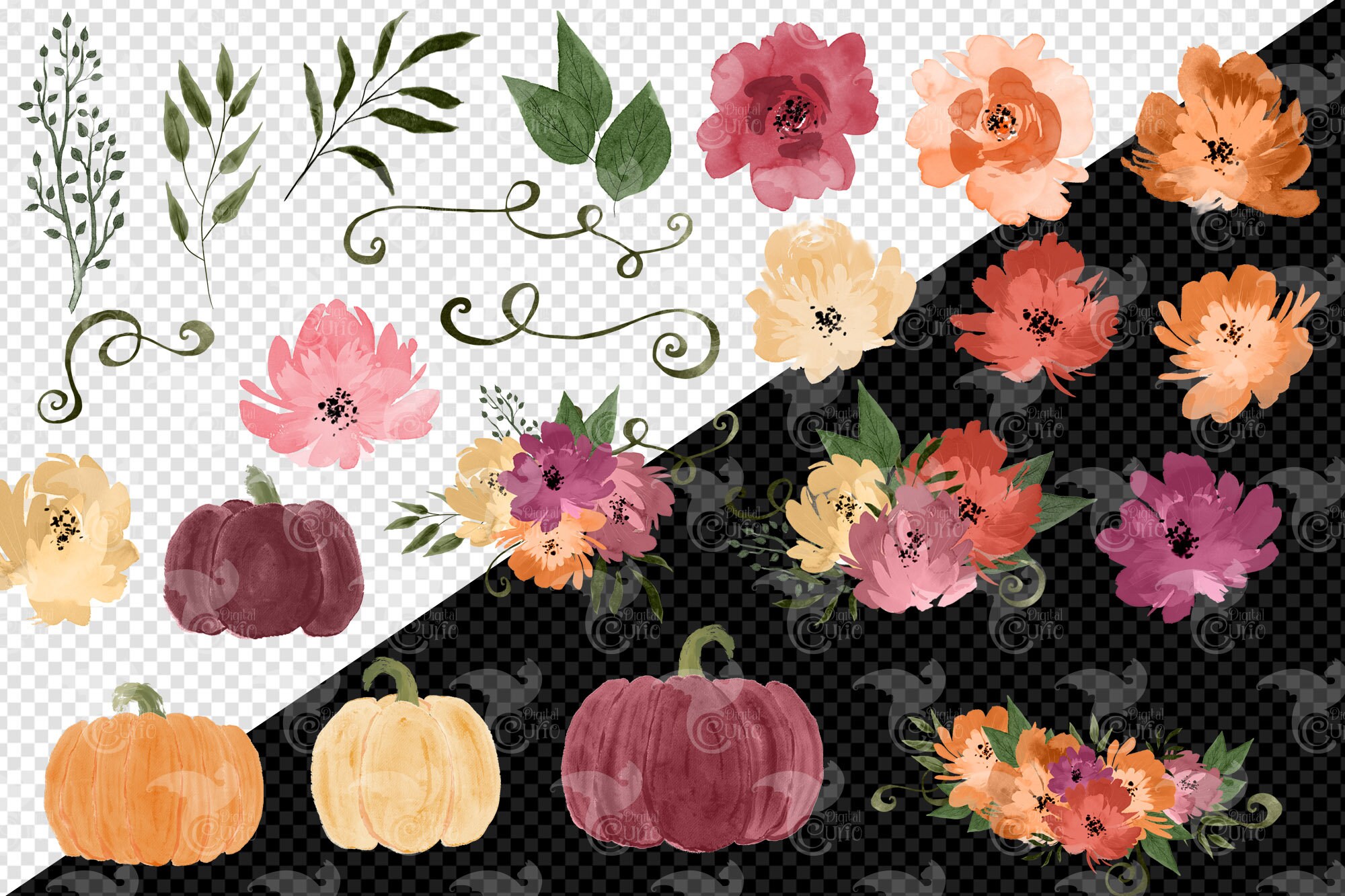 Watercolor Pumpkins Clip Art - Autumn Pumpkins in PNG Format Instant ...