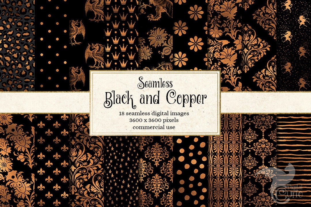 Black and Copper Digital Paper, Black and Bronze Seamless Patterns ...