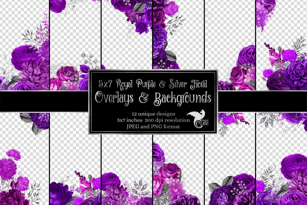Royal Purple Floral Overlays, Silver Flower Clipart (digital Download ...
