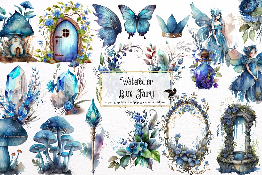 Watercolor Blue Fairy Clipart – Floral Fantasy Graphics (PNG, Digital ...