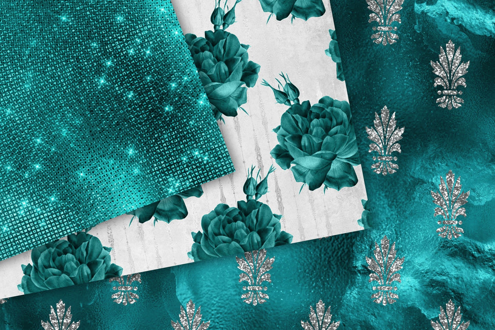 Teal and Silver Floral Digital Paper Seamless Turquoise Rose - Etsy