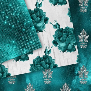 Teal and Silver Floral Digital Paper, Seamless Turquoise Rose Printable ...