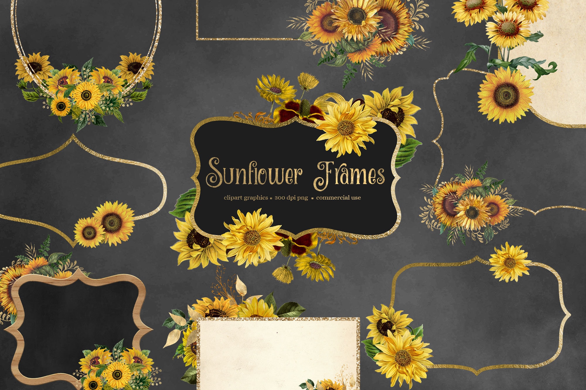 Sunflower Frames Clipart Digital Frames With Rustic Yellow - Etsy