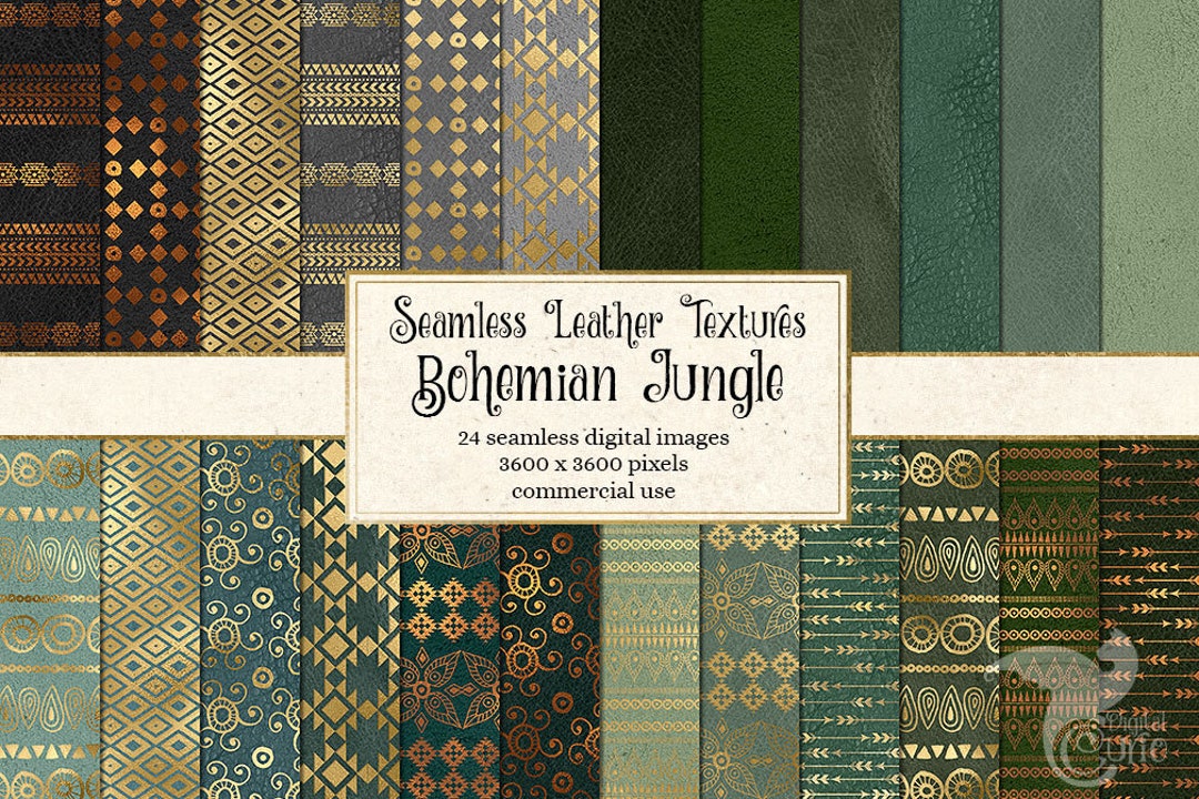 Bohemian Jungle Digital Paper, Seamless Leather Textures, Gold Boho ...