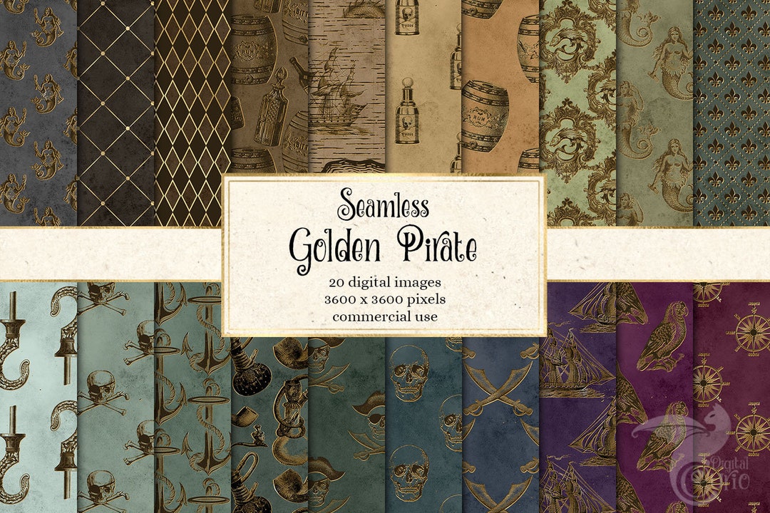 Golden Pirate Digital Paper, Seamless Antique Nautical Patterns ...