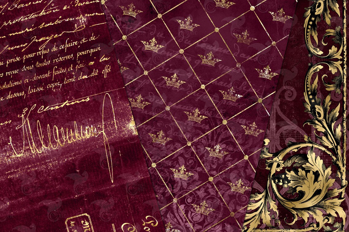 Mystic Burgundy and Gold Digital Paper Gold Foil Vintage - Etsy