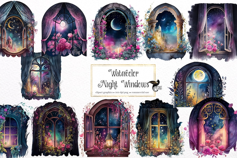 Watercolor Night Windows Clipart Floral Fantasy Cottage - Etsy