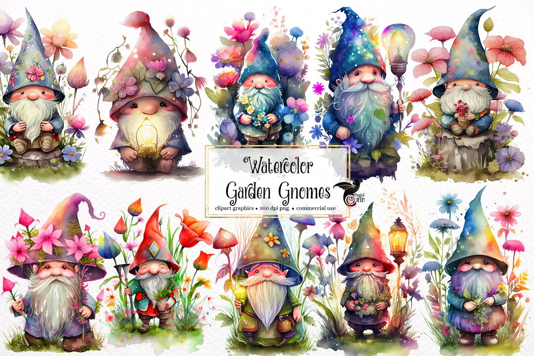 Watercolor Garden Gnomes Clip Art – Floral Fantasy PNG Graphics ...