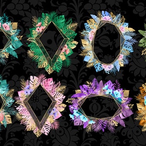 Tropical Gold Polygonal Frames Clipart With Gold and Watercolor Leaves ...
