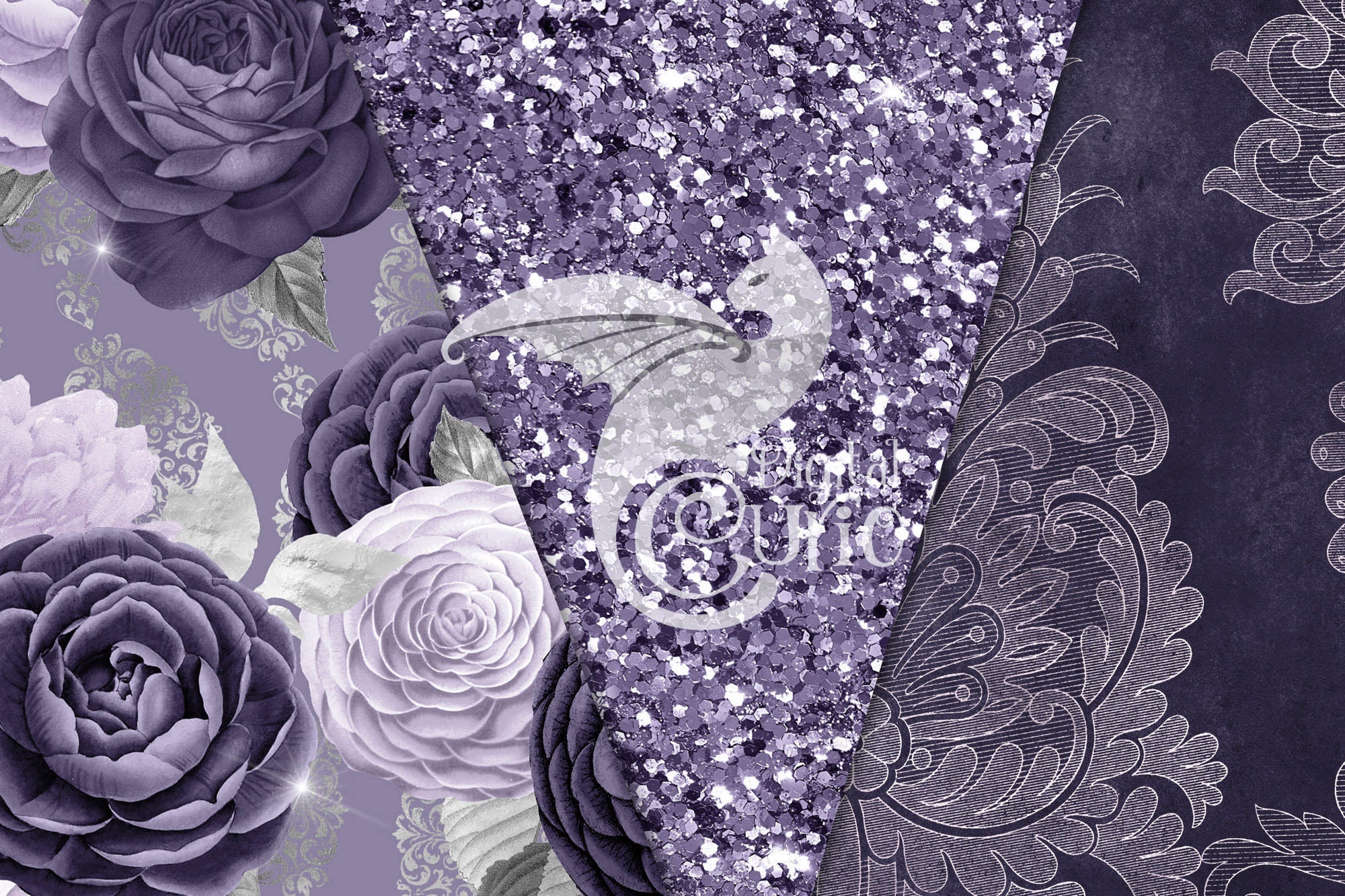 Heather Silver Digital Paper, Floral Damask Patterns (digital Download ...