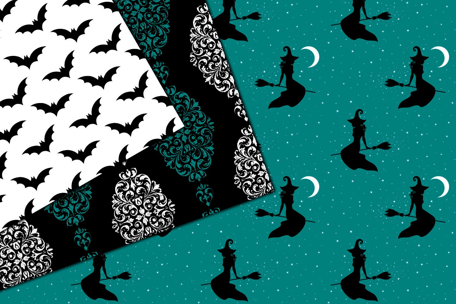 Teal Halloween Digital Paper Seamless Witch and Skull | Etsy