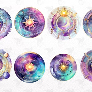 Watercolor Time Wheels Clipart - Fantasy Magic Celestial Watercolor PNG ...