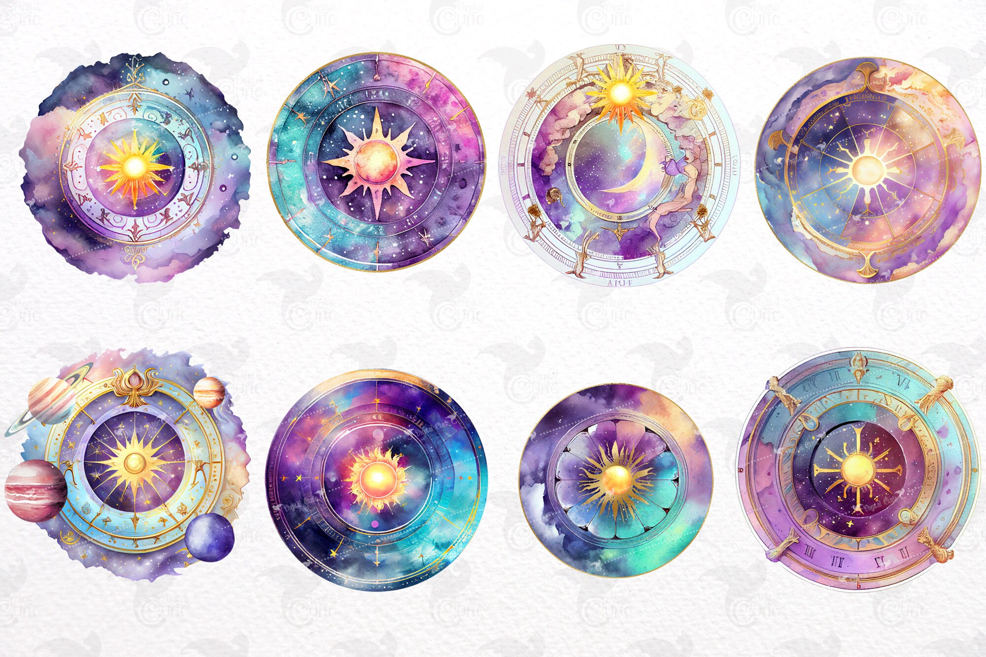 Watercolor Celestial Time Wheels Clipart – Fantasy Magic PNG (digital ...