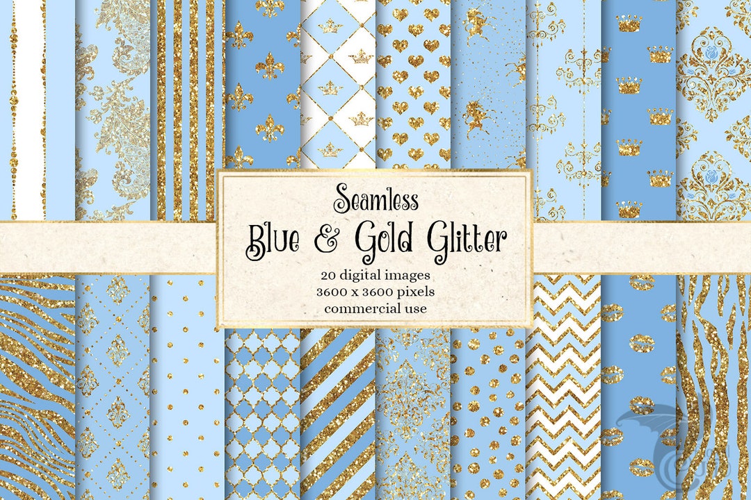 Blue and Gold Glitter Digital Paper, Seamless Gold Glitter Printable ...