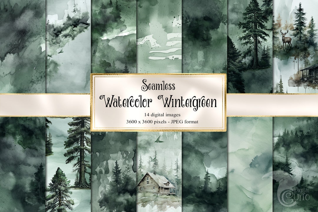 Watercolor Wintergreen Digital Paper, Seamless Winter Woodland Forest ...