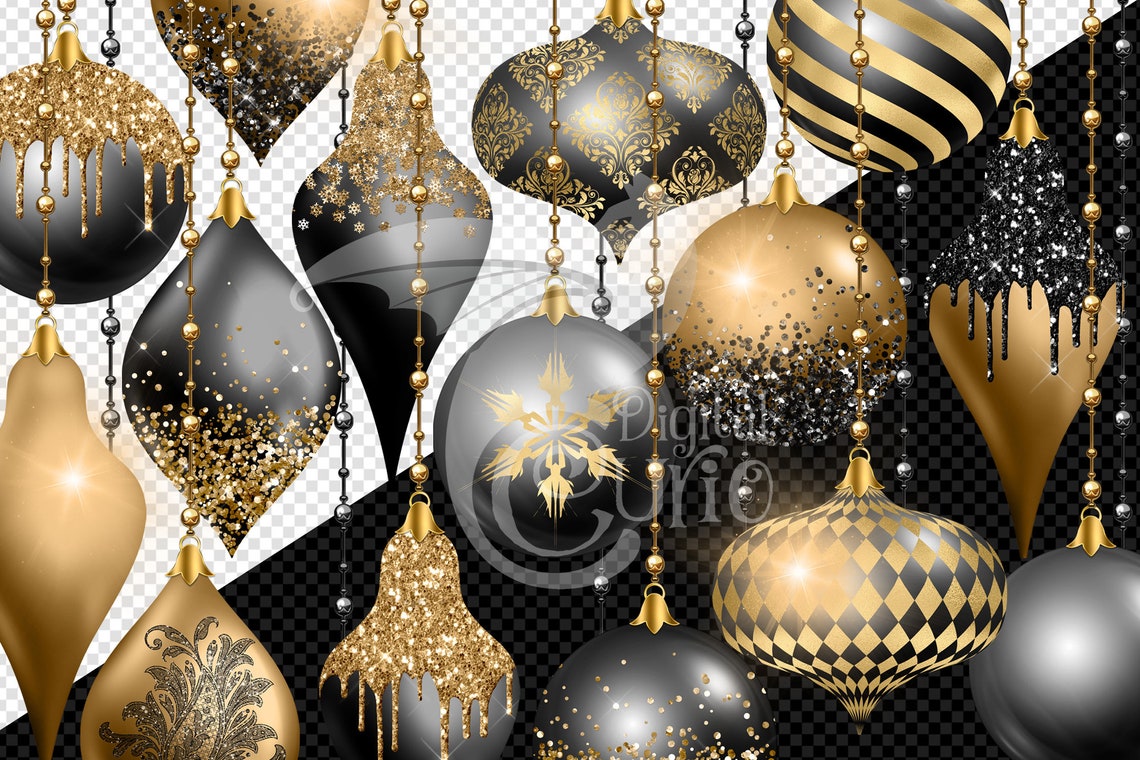 Black and Gold Christmas Ornaments Clipart, Glitter Ball (digital ...