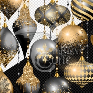 Black and Gold Christmas Ornaments Clipart, Glitter Ball (digital ...