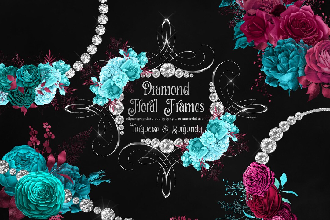 Diamond Floral Frames Clip Art, Turquoise and Burgundy (instant ...