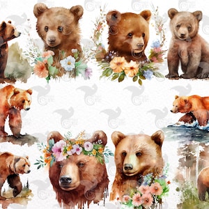 Watercolor Brown Bears Clipart - Cute Floral Grizzly Bears, Forest ...