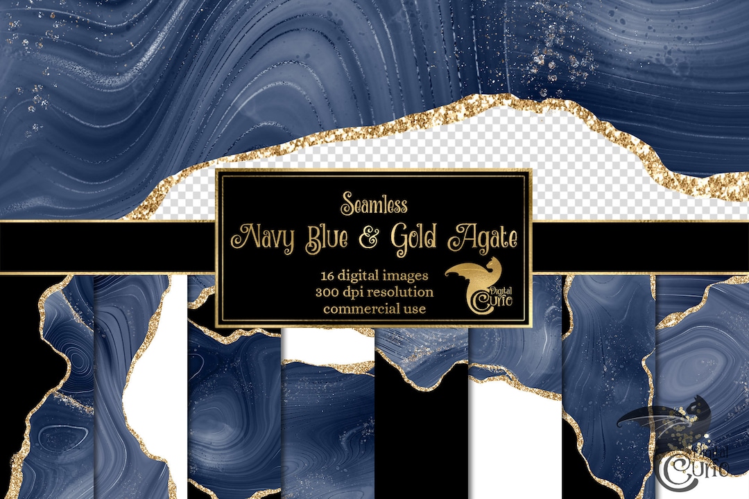 Navy Blue and Gold Agate Borders, Seamless Digital Geode PNG Overlays ...