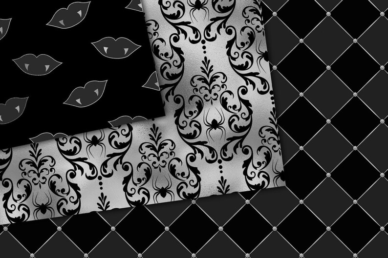 Black and Silver Halloween Digital Paper, Gothic Witch, Skull Patterns ...