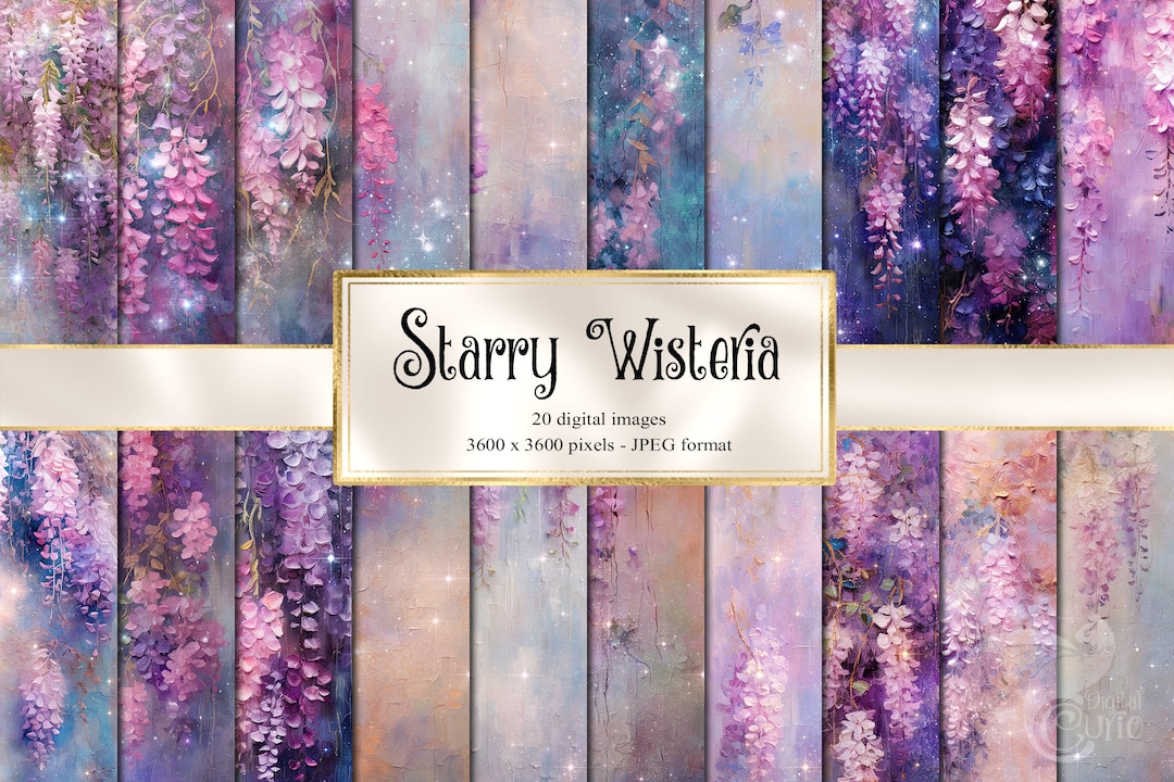 Starry Wisteria Digital Paper, Celestial Romantic Floral Digital Paper ...