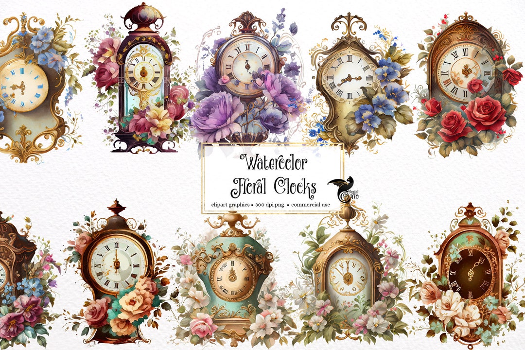 Watercolor Floral Clocks Clipart - Cute Rustic Floral Cottagecore Decor ...