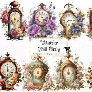 Watercolor Floral Clocks Clipart - Cute Rustic Floral Cottagecore Decor ...