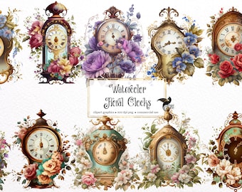 Watercolor Floral Clocks Clipart - Cute Rustic Floral Cottagecore Decor ...