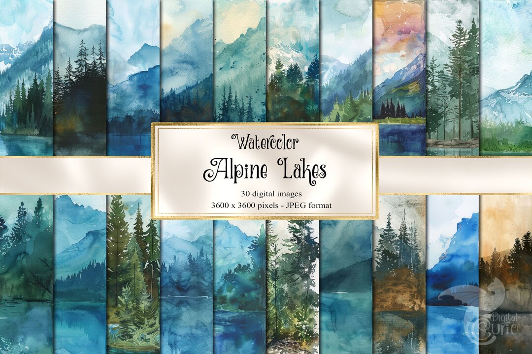 Watercolor Alpine Lakes Backgrounds, Watercolour Wash Digital Paper ...